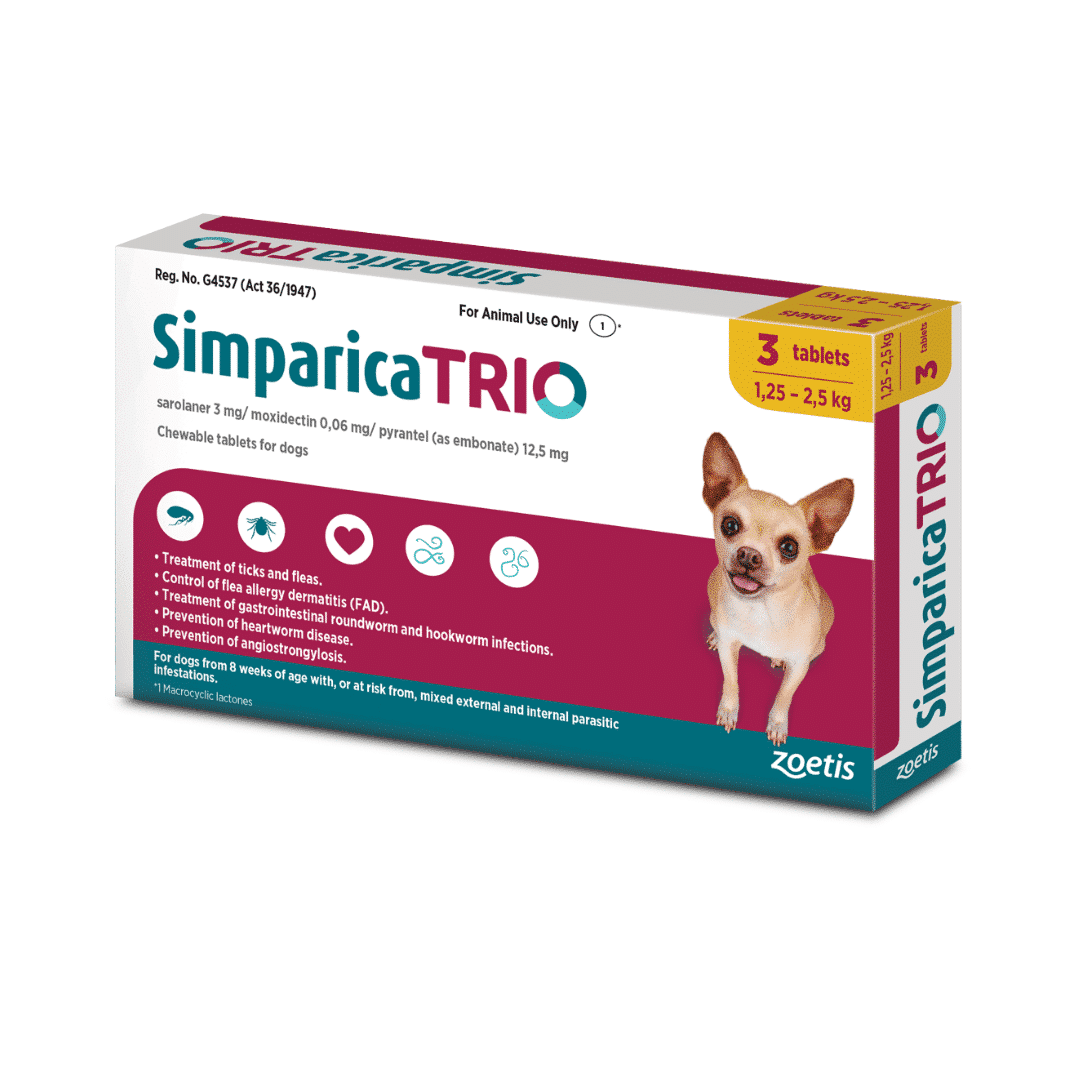 Simparica TRIO for Dogs 1.25kg - 2.5kg Gold 3 Chews - Vet Products Online