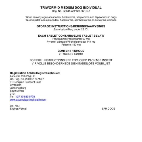 Triworm-D Medium Dog 10-20kg (2 Tablets) - Vet Products Online